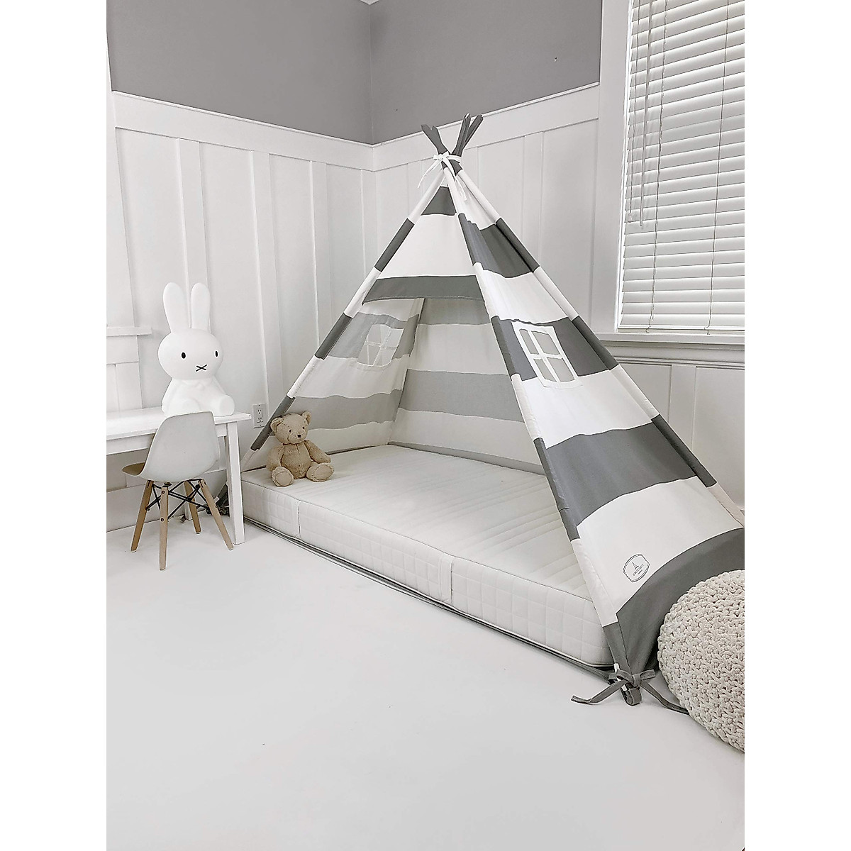 Domestic Objects | Play Tent Bed Canopy | Teepee for Mattress | 100% Cotton Canvas | Premium Quality (Twin/Single No Door) (Gray Stripes)