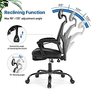 Ergonomic Home Office Chair High Back Executive Desk Chair with Armsrest and Adjustable Headrest, Mesh Computer Chair with Retractable Footrest and Lumbar Support (Black)