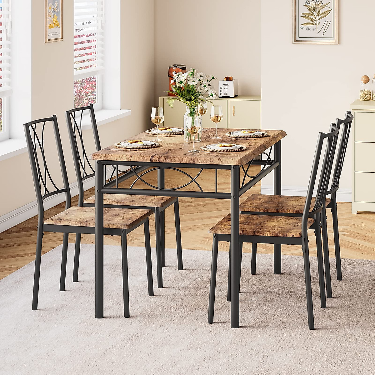 GAOMON Dining Table Set for 4, Kitchen Table and Chairs for 4, Dining Room Table Set with 4 Wood and Metal Chairs, Rectangular Kitchen Table Set for Small Space, Apartment, Studio, Rustic Brown