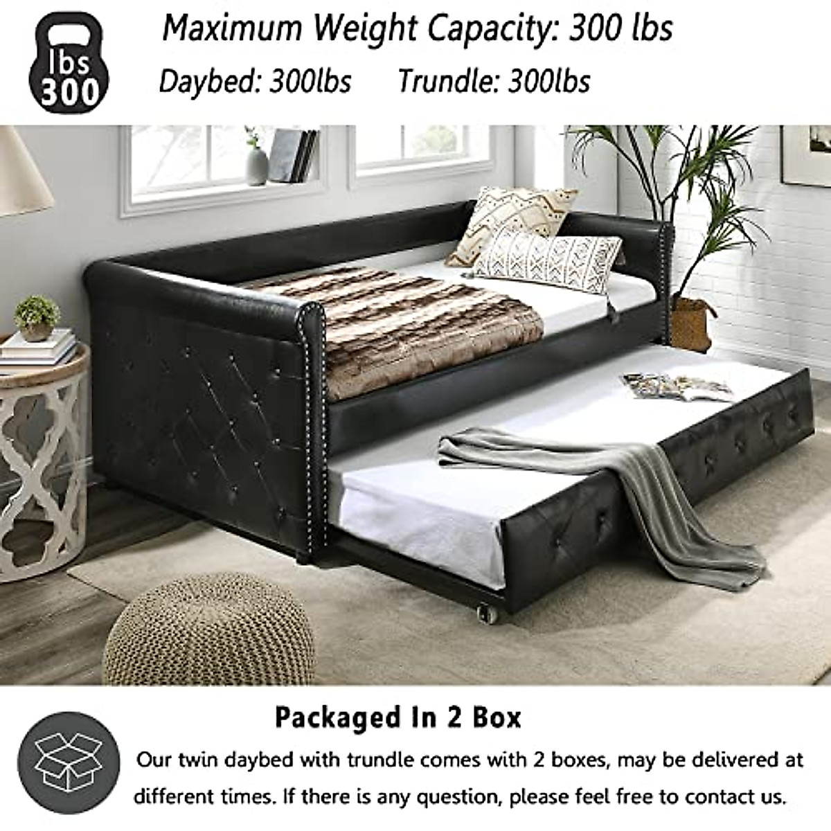 Antetek Daybed with Trundle, Twin Size Upholstered Daybed with A Trundle, Modern PU Leather Day Bed, No Box Spring Required, Sofa Bed for Bedroom, Living Room, Guest Room, Black