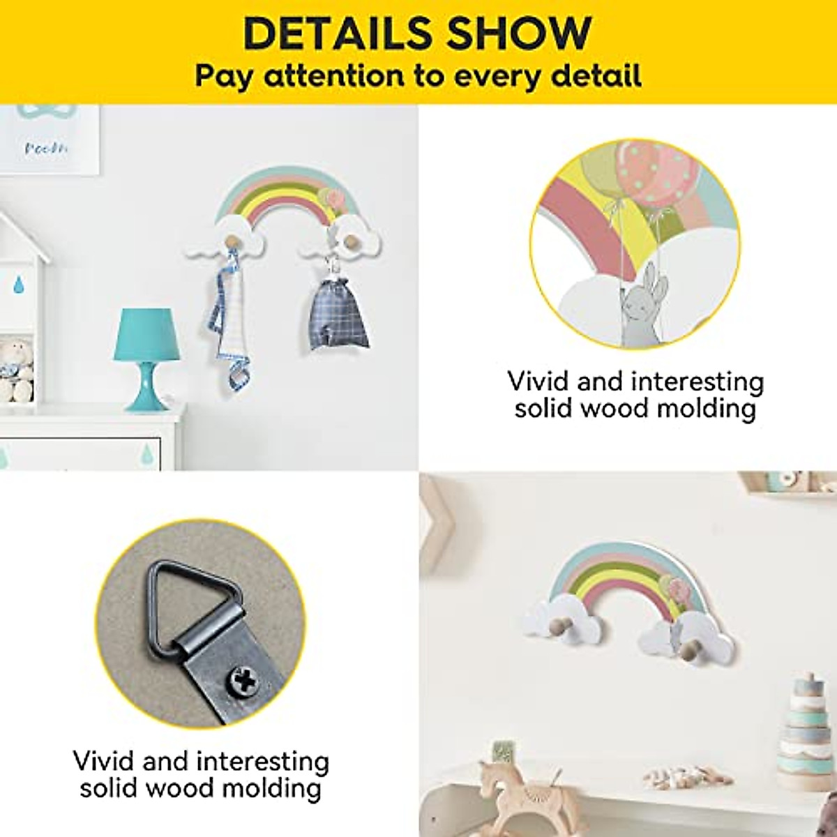 Jfbav Wooden Coat Hook Rainbow Wall Hanging Wall Hook Cute Children's Room Creative Children's Room Wall Clothes Hat Hanger…