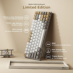 RK ROYAL KLUDGE RK84 RGB Limited Ed, 75% Triple Mode BT5.0/2.4G/USB-C Hot Swappable Mechanical Keyboard, 84 Keys Wireless Gaming Keyboard, RK Yellow Switch, Macchiato White