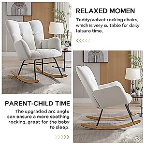 Sudwesto Modern Nursery Rocking Chair, Upholstered Glider Chair with High Backrest, Rocker Accent Armchair with Solid Wood Legs for Nursery Bedroom Living Room (White Velvet)