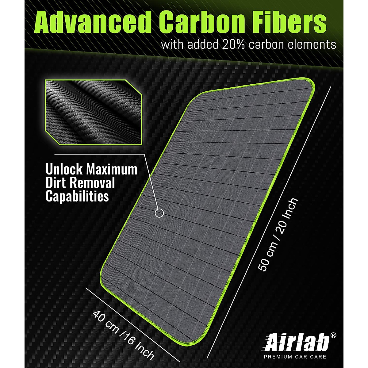 Airlab Carbon Microfiber Towels for Car Glass Window Polishing Cleaning Cloth Auto Detailing Lint Free Streak Free Drying Car Wash Large Towel, Pack of 2, 20"x16", 400GSM