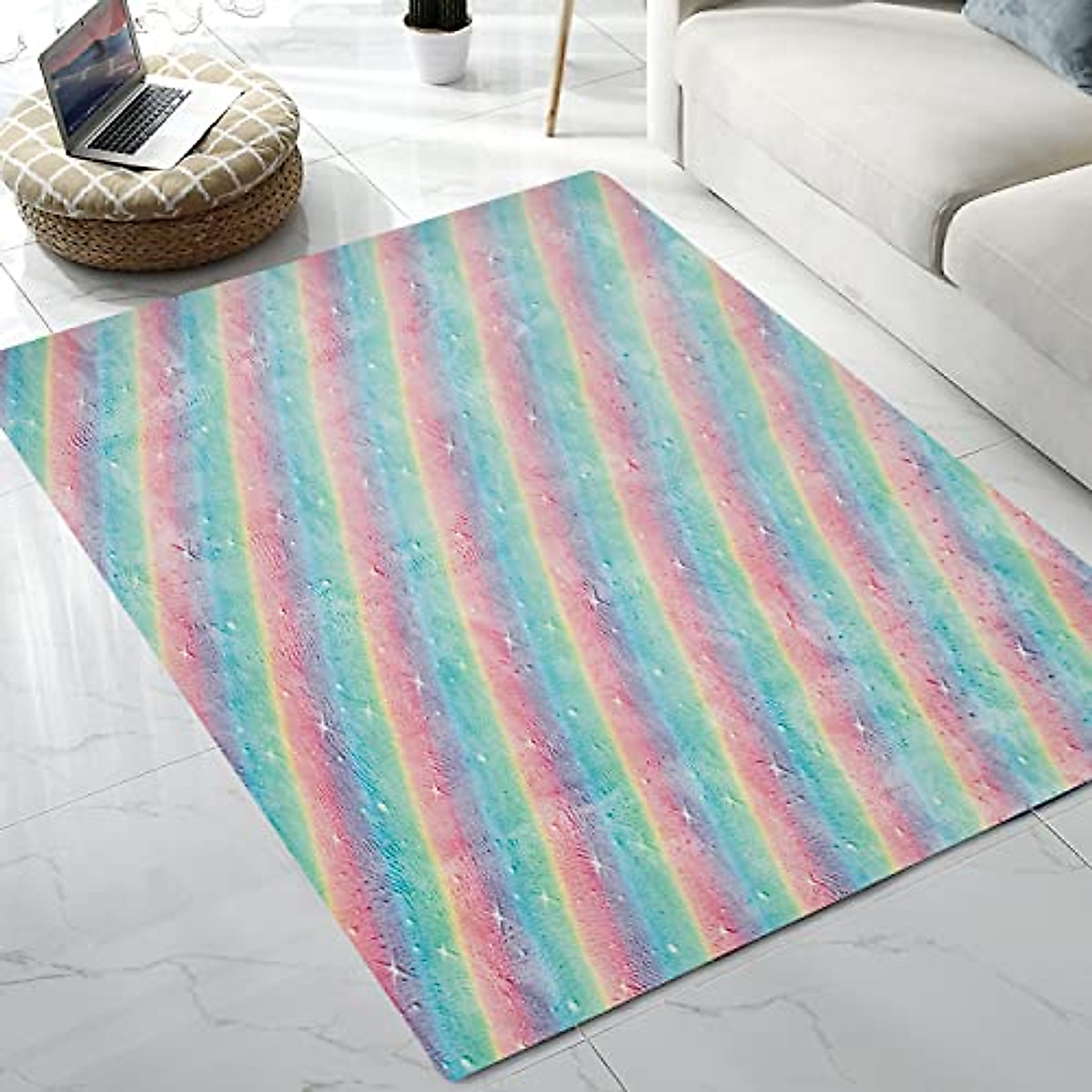 Rainbow Night & Twinkle Pattern Glow in The Dark Area Rug Area Rug for Living Room Bedroom Playing Room Size 5'x6'
