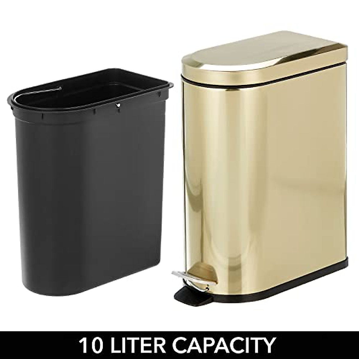 mDesign Small 2.6 Gallon Stainless Steel Metal Step Trash Can Garbage Bin for Bathroom, Bedroom, Home Office - D-Shape Trashcan with Foot Pedal/Lid, Removable Liner Bucket with Handles, Soft Brass