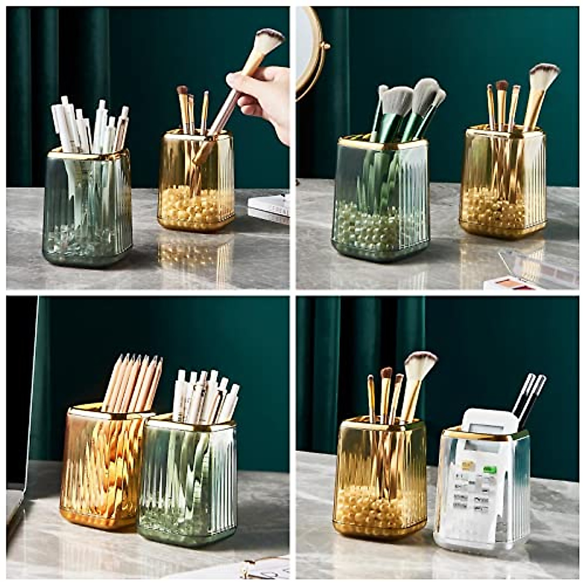 DASITON Makeup Brush Holder Organizer, Square Green Cosmetic Container Storage Holder , Vintage Stripe Make Up Brush Cup