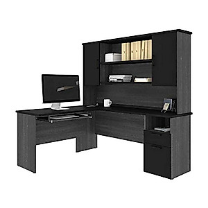 Bestar Norma L-Shaped Desk with Hutch, 71W, Black & Bark Gray