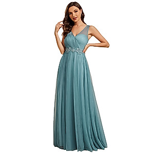 Ever-Pretty Women's V Neck Sleeveless See-Through A-line Flowy Maxi Bridesmaid Dresses for Women Dusty Blue US10