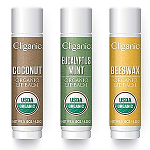 Cliganic USDA Organic Lip Balm Set - 3 Flavors - 100% Natural Moisturizer for Cracked & Dry Lips