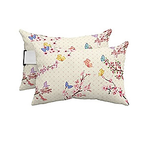 Recliner Head Pillow Ledge Loungers Chair Pillows with Insert Butterfly Cherry Blossoms Pink Beige Lumbar Pillow with Adjustable Strap Outside Patio Decorative Garden Cushion for Bench Couch, 2 PCS