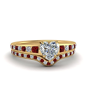 Gemsonclick Graduated Channel Setting Diamond Wedding yellow gold plated Created Ruby Heart shape Red color Wedding Engagement Birthstone Stackable Ring in Size 8
