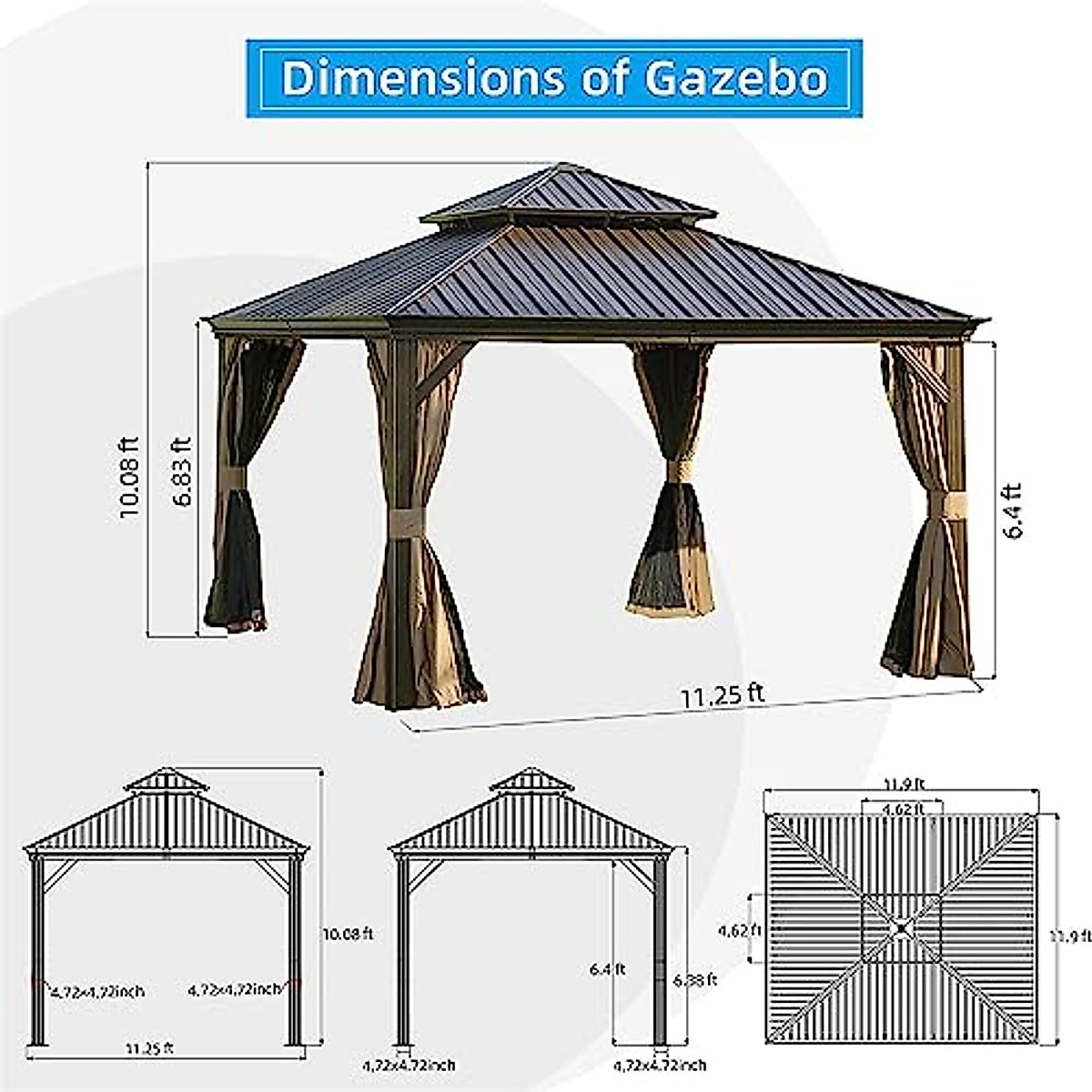 Evedy 12x12FT Hardtop Gazebo,Outdoor Permanent Pavilion with Curtains&Netting,Outdoor Metal Gazebos,Outdoor Aluminum Frame Canopy with Galvanized Steel Double Roof for Patios Deck Backyard,Lawn(Brown)