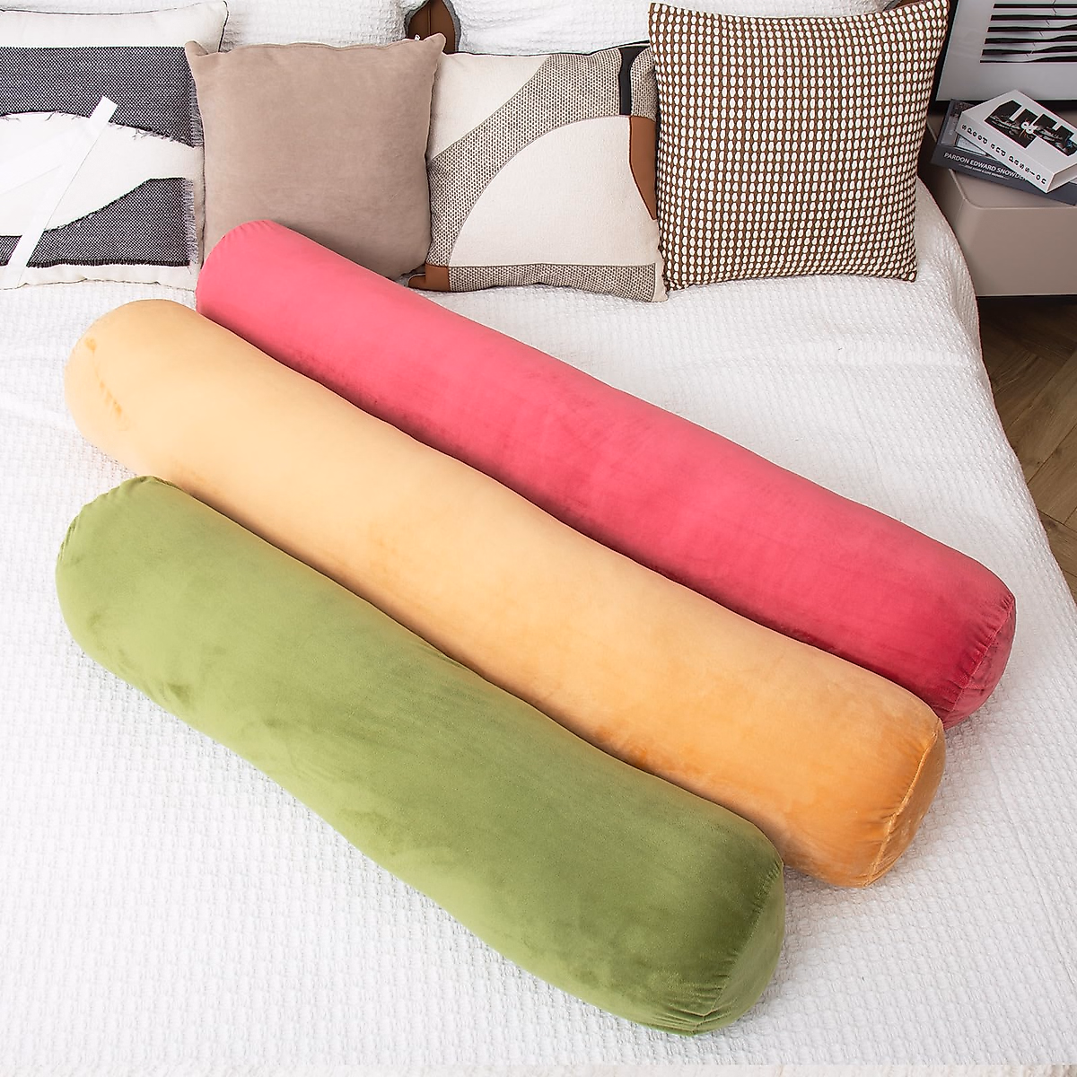 1 MIDDLE ONE Bolster Pillow for Bed, Long Round Body Pillow for Adults with Removable Velvet Cover, Decorative Tube Roll Cylinder Pillow, 47 x 7.87 Inch, Green