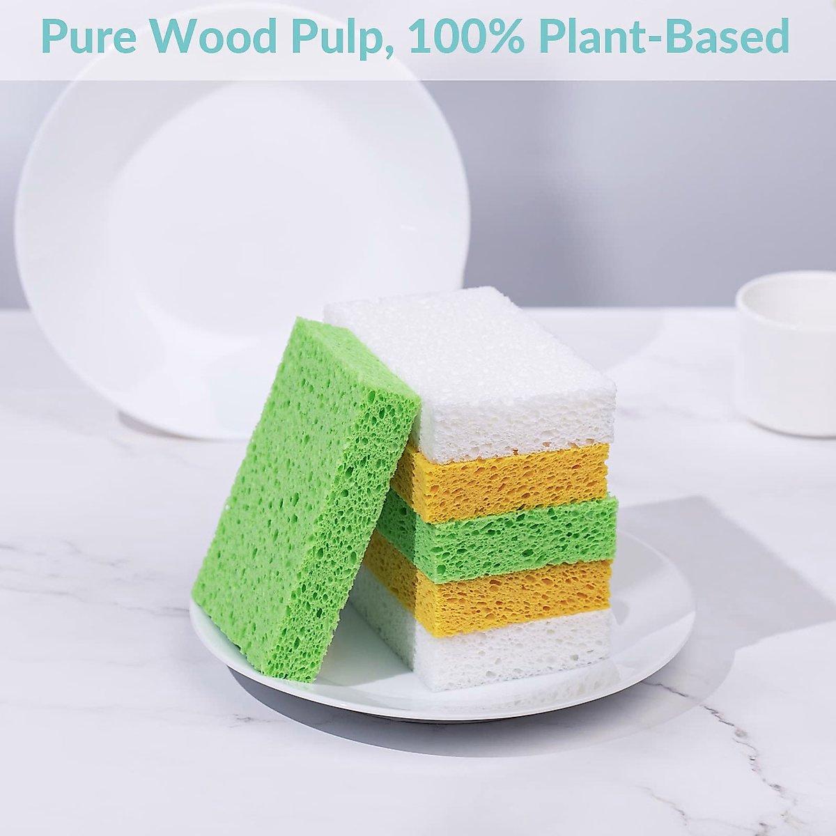 Pop-Up Sponges 6 Pack, REIDEA 100% Biodegradable Scrub for Kitchen - Non Scratch Odor Free Plant Based Dish Sponge - Eco-Friendly Wood Pulp Sponge (Colored, 6 Pack)
