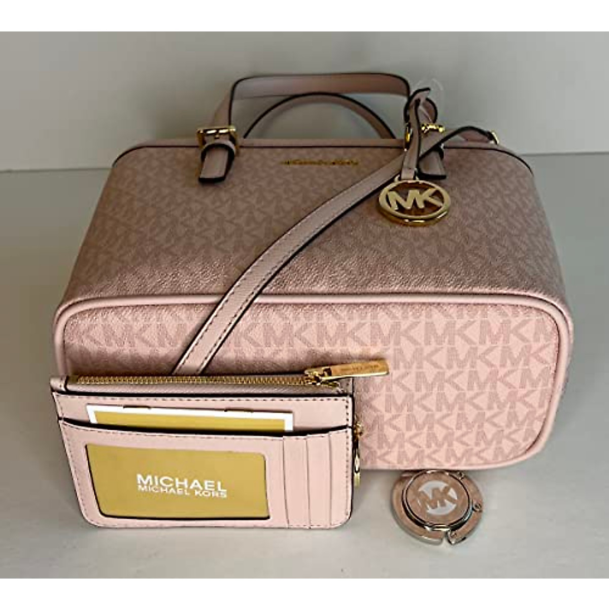 Michael Kors Jet Set Travel XS Carryall Convertible Top Zip Tote bundled with SM TZ Coinpouch and Purse Hook (DK Powder Blush)