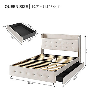 Senfot Queen Size Bed Frame, Upholstered Bed Frame with 4 Storage Drawers, Platform Bed Frame with Diamond Tufted Headboard, Wood Slat Support, No Springs Required, Easy to Assemble, White