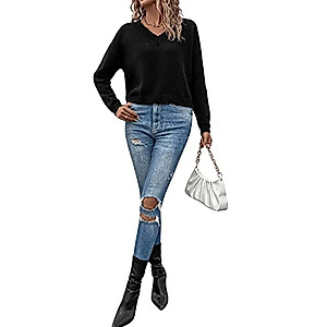 SweatyRocks Women's Casual V Neck Drop Shoulder Pullover Sweater Long Sleeve Knitted Top Black M