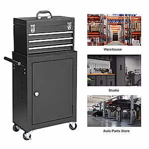 TORIN APTB134B Torin Rolling Garage Workshop Tool Organizer: Detachable 3 Drawer Tool Chest with Large Storage Cabinet and Adjustable Shelf, Black