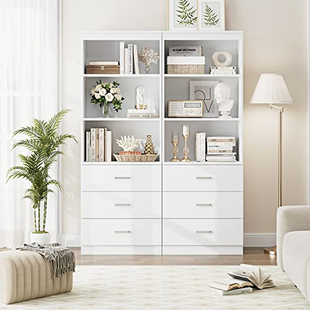 FOTOSOK 71 Inches Tall Storage Cabinet, Bookcase with 3 Drawers and 3-Tier Open Shelves, Wooden Bookshelf Storage Organizer for Living Room, Study, Kitchen, Home Office, White