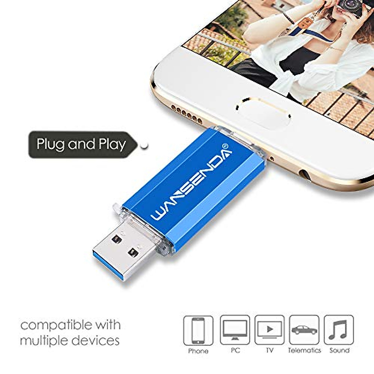 Wansenda 128GB USB C Flash Drive 2 in 1 Thumb Drive, OTG USB 3.0 & Type-C Photo Memory Stick for Android Devices/PC/Mac (128GB, Blue)