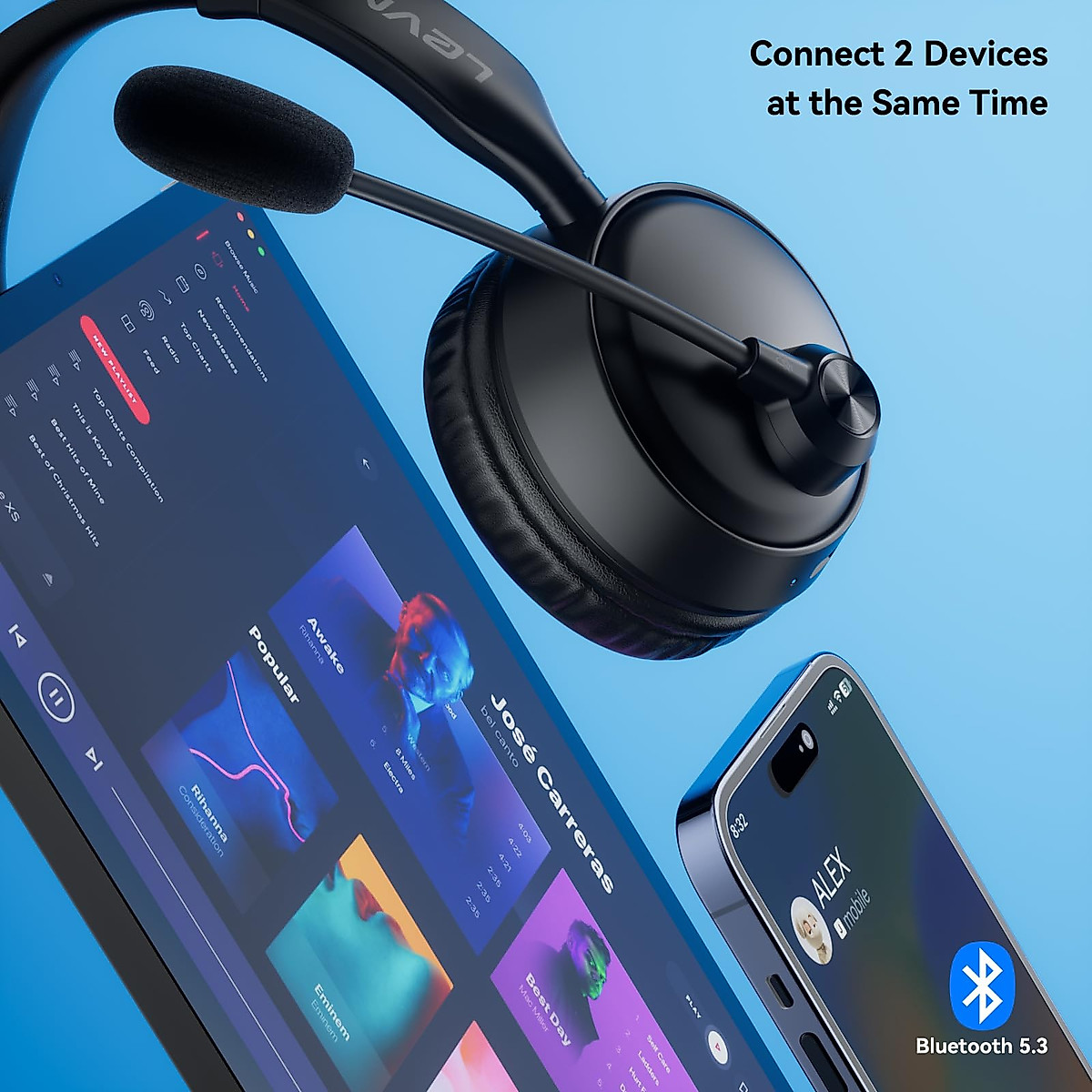 LEVN Bluetooth Headset with Microphone, Wireless Headset with Mic & Mute Button, 60 Hrs Working Time Noise Cancelling Bluetooth Headset 5.3 Multipoint Connect to Cell Phone/Mobile/Laptop/Tablet/PC