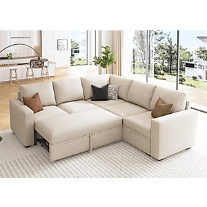HONBAY Modular Sectional Sleeper Sofa with Pull Out Bed, L Shaped Sectional Couch with Storage Seat, Convertible Sectional Couches for Living Room, Beige