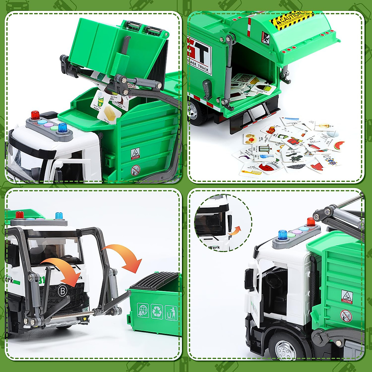 HOLYFUN Garbage Truck Toys Trash Truck with Sound and Light, Friction Powered Truck with 5 Garbage Cans, Push and Go Pull Back Car, for Boys