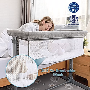 TCBunny 2-in-1 Baby Bassinet & Bedside Sleeper, Adjustable Portable Crib Bed for Infant/Newborn Baby, Grey (Mosquito Net Not Included)