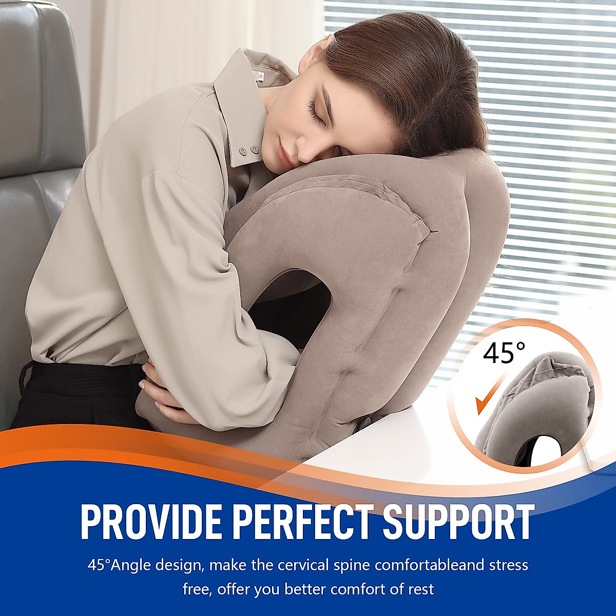 KINSCO Inflatable Travel Pillow，Airplane Neck Pillow for Airplane, Train, car Backseat, Office Lunch Break, Provides You a Comfortable Sleeping Environment. Portable Drawstring Bag (Gray)