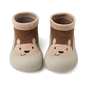 Baby Sock Shoes Toddler Cartoon Soft Rubber Sole Non Slip Indoor Floor Slipper for Infant Boys Girls First Walking Trainers Shoe Brown Bear 22