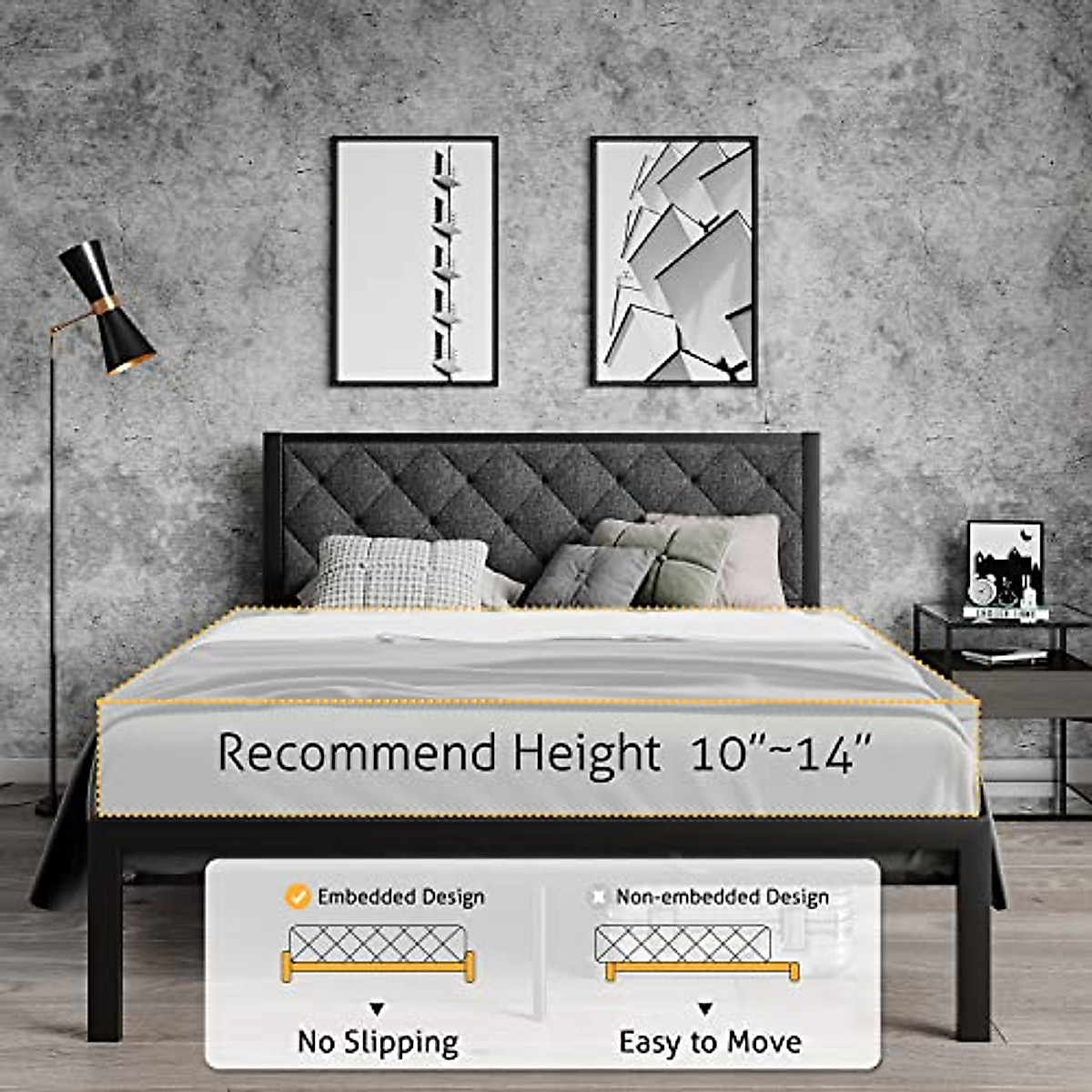 SHA CERLIN Queen Metal Platform Bed Frame,Upholstered Fabric Button Tufted Headboard, Mattress Foundation with 17 Strong Metal Slats Support, No Box Spring Needed, Easy Assembly, Dark Grey