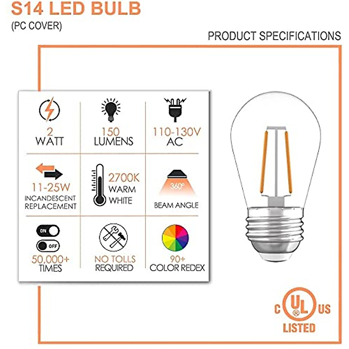 winsaLED Outdoor Light Bulbs, Replacement Bulbs for Outdoor String Lights, 2W Low Watt Light Bulbs for String Light Bulbs Replacement, UL S14 E26 120V 2700K Shatterproof 15 Pack