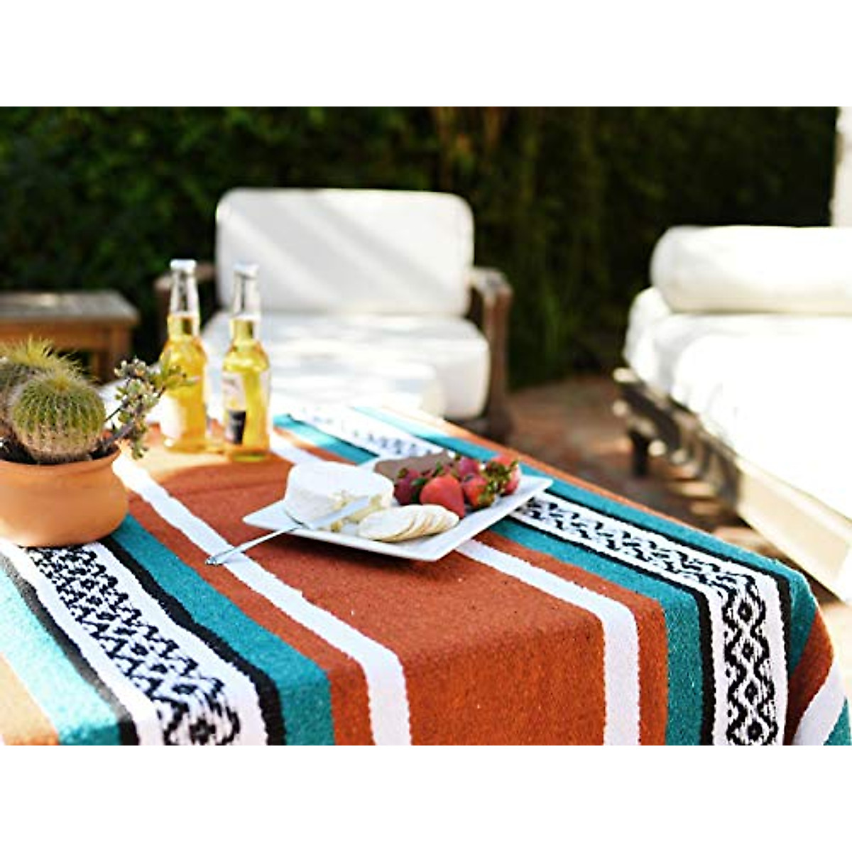 Green and Rust Mexican Blanket by Laguna Beach Textile Co - Beach, Yoga, Camping, or Decorative Throw Blanket - Traditional Handmade Serape - Rustic Green