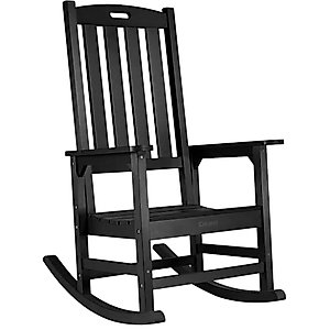 Cecarol Patio Oversized Rocking Chair Outdoor, Weather Resistant, Low Maintenance, High Back Front Porch Rocker Chairs 385lbs Support Poly Lumber Rocker, Wood-Like Plastic Chair, Black-PRC01