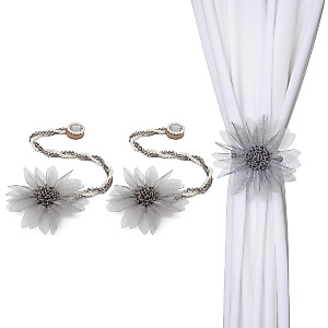 SUQ I OME 2 Pack of Handmade Crystal Pearl Beaded Magnetic Flower Curtain Tieback Holdback for Drapes（Gray