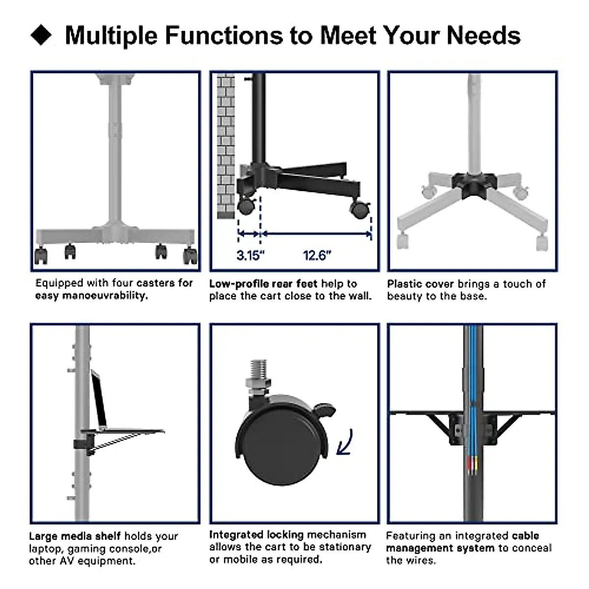 Mobile TV Cart for 23-60 Inch LED LCD Flat Curved Panel Screens TVs, Rolling TV Stand with Wheels Holds Up to 55lbs, Height Adjustable Portable Floor Stand with Media Shelf Tray, Max VESA 400x400mm