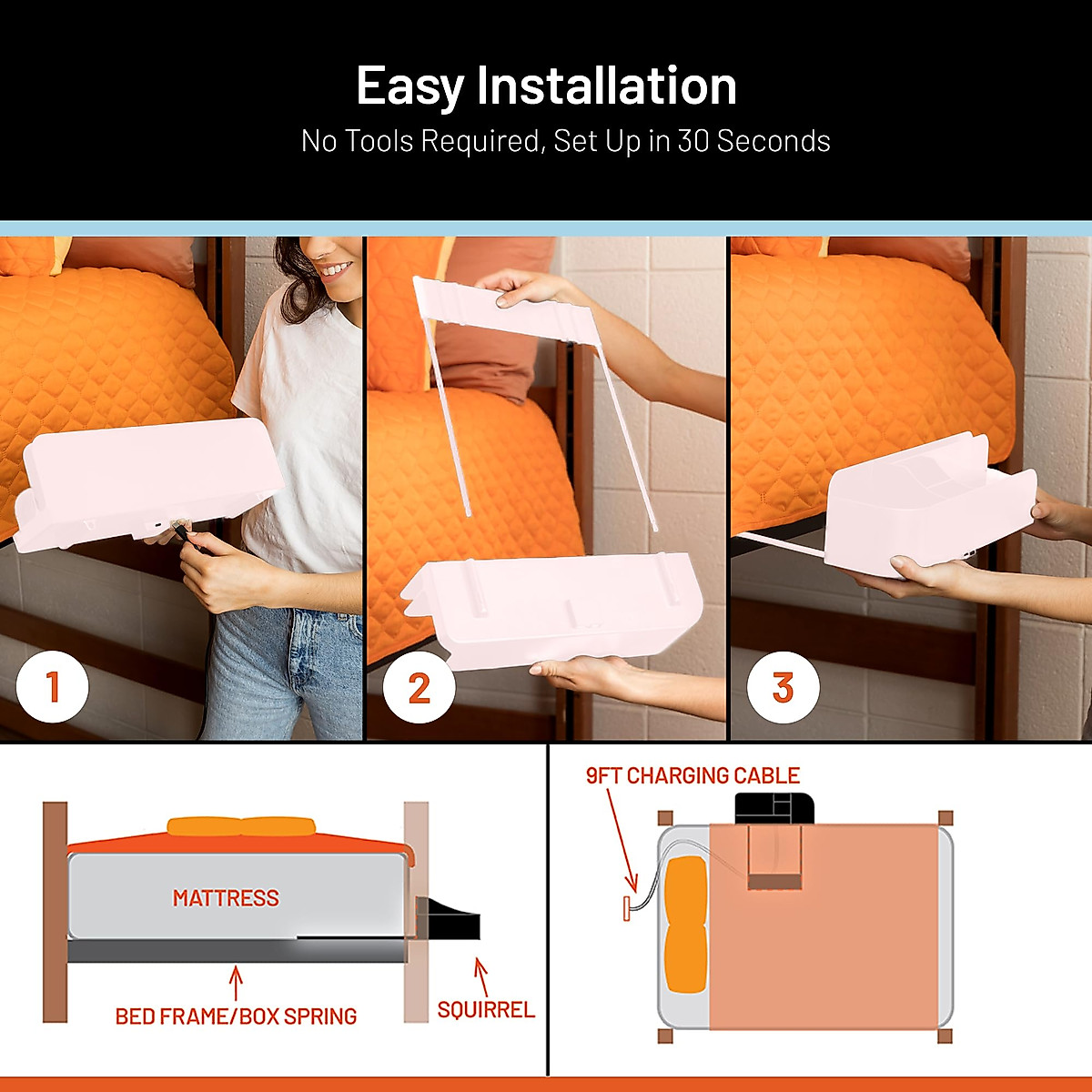 Squirrel-Bedside Perch for College Dorm Room Lofted Bed, Floating Organizer with USB-C & A Charging Ports, Small Spaces, Bed Side Caddy & Nightstand, Device & Bottle Holder, Dorm Essential, Pink