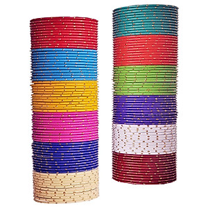 Jewar Colorful Bangle Multi-Color Collection Indian Bollywood Exclusive Silver Golden Glitters Glossy Glaze Exotic Matte Vintage Textured Colorful Fashion Designer Metal Jewelry Bangle Bracelets Set of 12*12=144 Piece for Women (Colorful Multi-Color, 2.10
