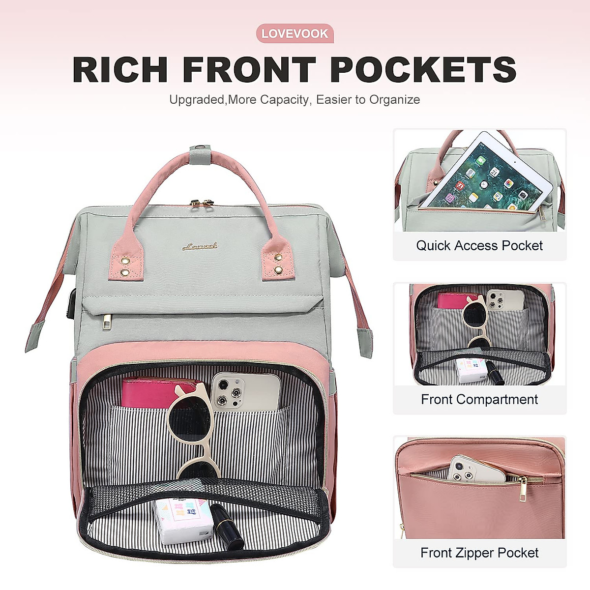 LOVEVOOK Laptop Backpack for Women Fashion Business Computer Backpacks Travel Bags Purse Doctor Nurse Work Backpack with USB Port, Fits 17-Inch Laptop, Light Grey-Pink