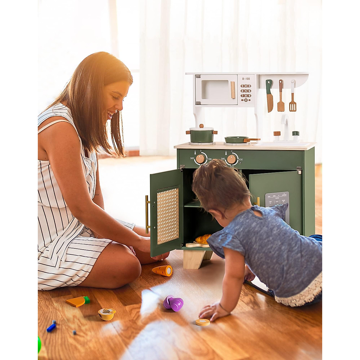 ROBUD Play Kitchen, Kids Kitchen Playset with Pretend Ice Cube Dispenser for Kids Aged 3+, Wooden Toy Kitchen of Birthday Gift to Kids, Vintage Green