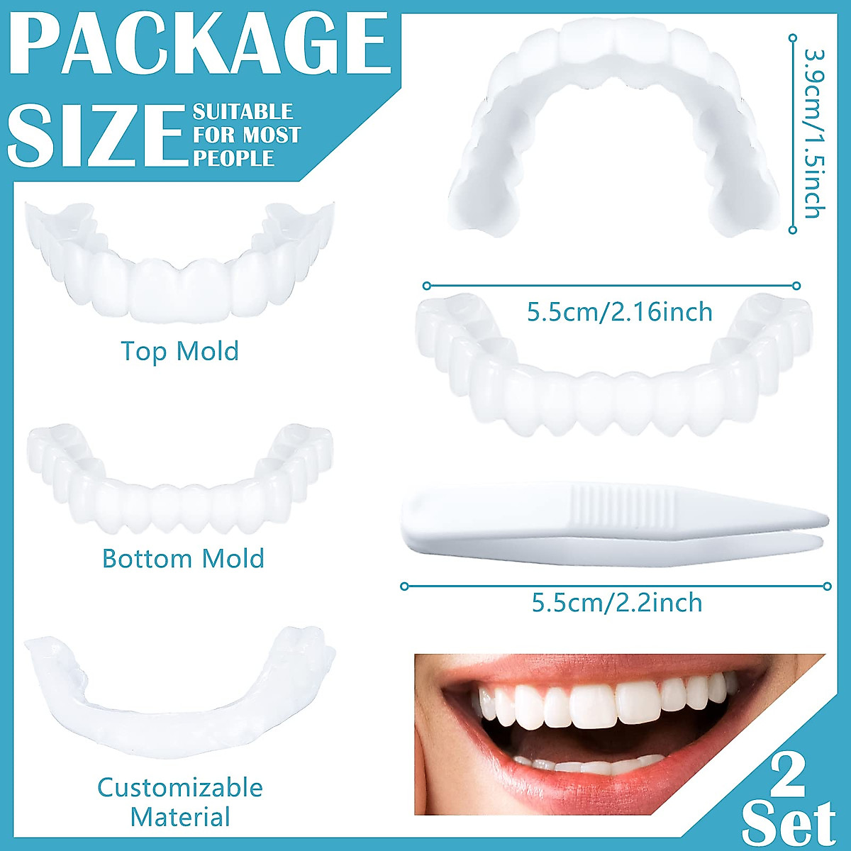 2 Set Fake Teeth Denture Teeth Veneer Snap in Teeth Confidence Smile Dentures Veneer Fake White Teeth with 2 Pieces Mini Tweezers for Halloween Men and Women Bad Teeth Whitening Alternative