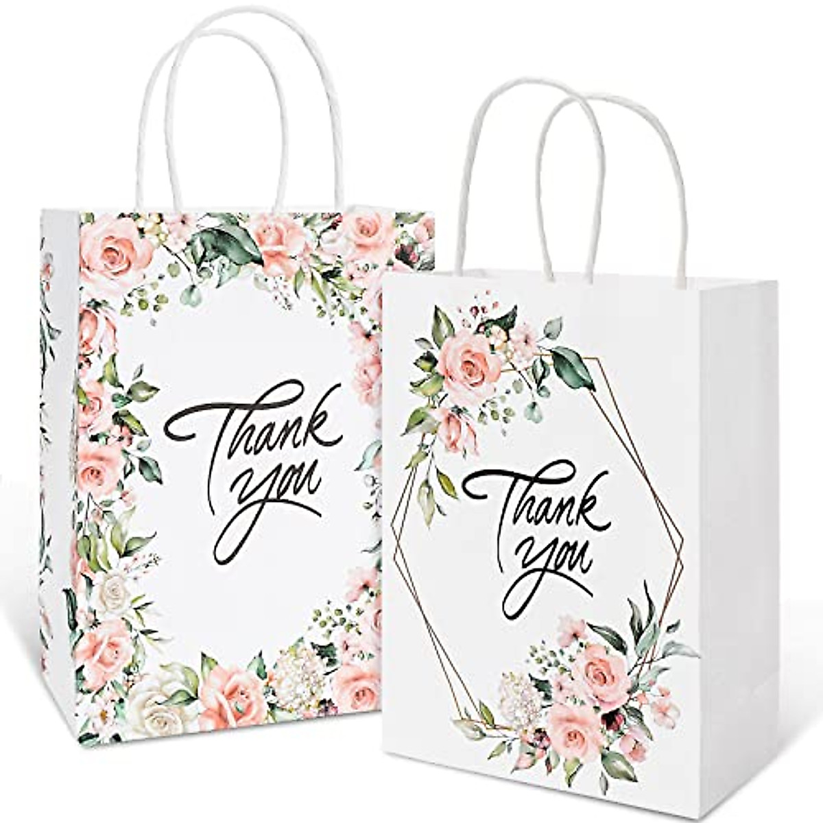 AnyDesign 16Pcs Thank You Gift Bags Floral Design Gift Bags with Handles White Kraft Paper Treat bags Wedding Small Paper Bags for Business Shopping Birthday Baby Shower Party Favors, 2 Designs