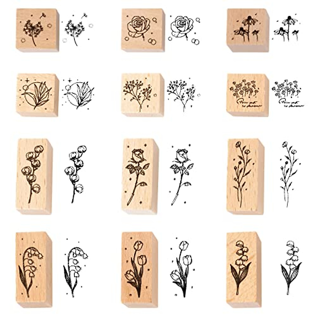 12 Pieces Wood Rubber Stamps Vintage Flowers Stamp Set DIY Craft Scrapbooking Stamps for Journals Diary Planner Letter Album Card Making