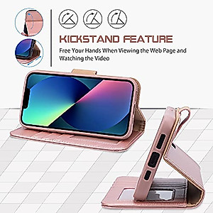 Arae Compatible with iPhone 13 Case[ Not for iPhone 13 Pro] with Card Holder and Wrist Strape Wallet Flip Cover for iPhone 13 6.1 inch-Rose Gold