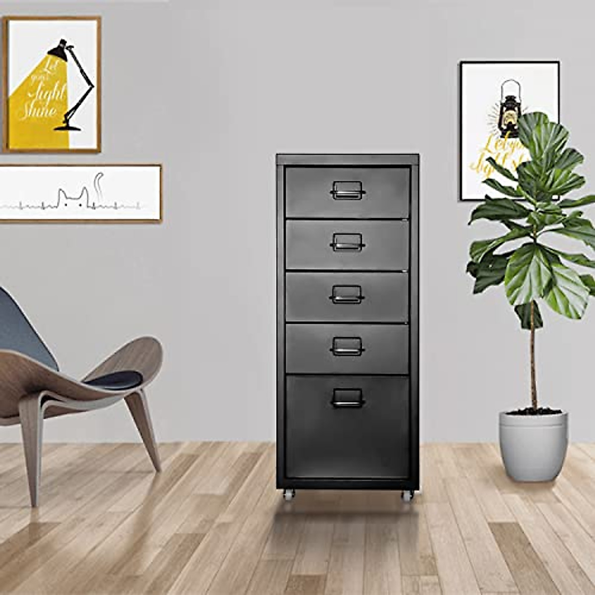 corpuwn 5 Drawer Mobile Storage Cabinet, 27" Metal Storage Dresser Cabinet with Castor Wheels,16" Deep Small Organization Chest for Home Office,Easy Assembly Without Screws,Black