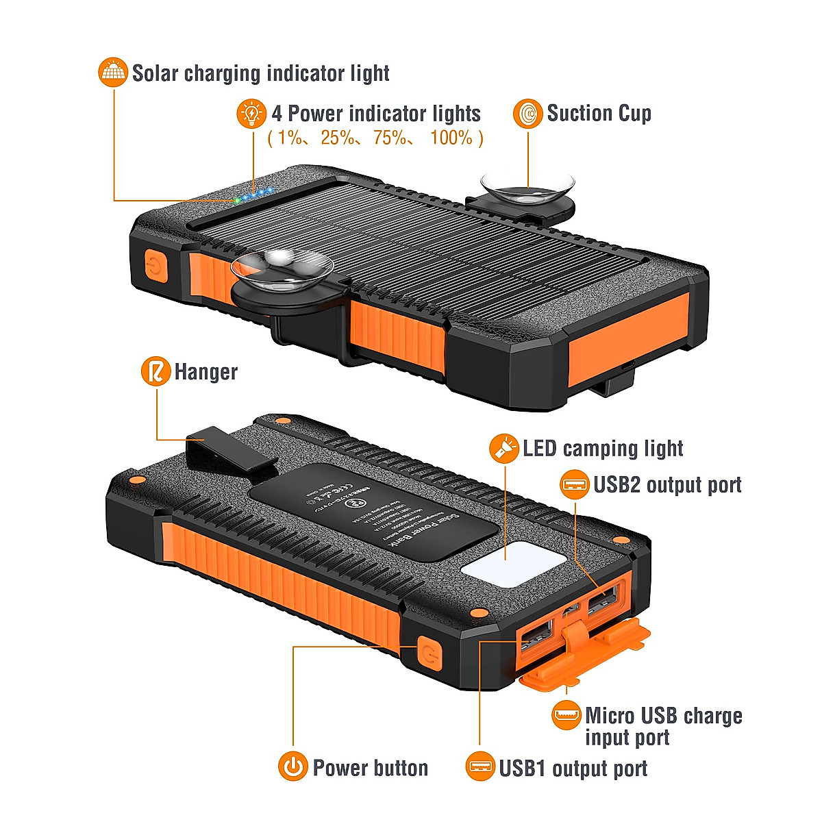 MetFut Solar Power Bank 38800mAh, Solar Charger with Suction Cup Mount Three Modes Flashlight-Steady/SOS/Strobe IPX7 Waterproof/Dustproof/Shockproof External Battery Pack 3 USB Charging Ports(Orange)