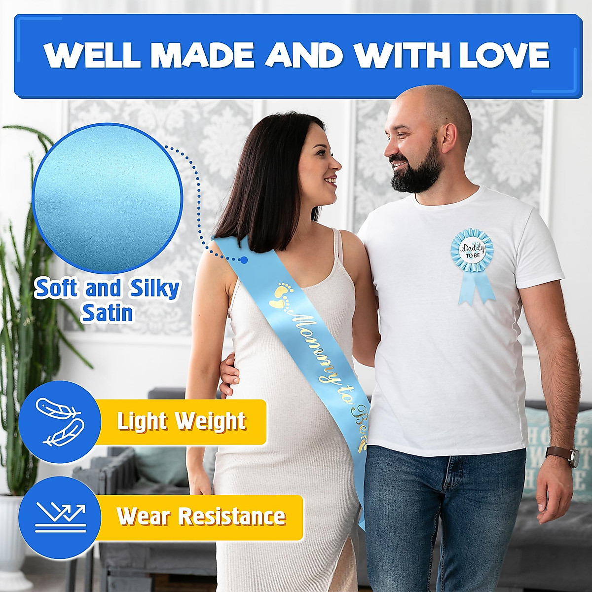 Baby Shower Sash for Mommy - Set of 2 Blue Satin Mommy to Be Sash with Dad to Be Pin, Elegant Glossy Texture with Gold Glitz Letters, Easy to Wear - Lightweight and Durable Baby Shower Decorations Boy