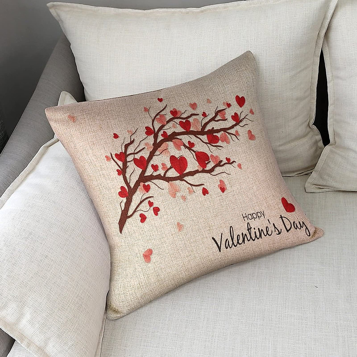 Happy Valentine's Day Throw Pillow Covers 18×18 Pillowcases Set of 2 Love Heart Branch Linen Decorative Square Pillow Case Cushion Covers Standard Size for Sofa Couch Outdoor Bed Pillow Protectors