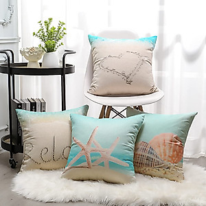 OTOSTAR Waterproof Summer Decorations Outdoor Throw Pillow Covers Linen Starfish Shell Pillow Covers Pack of 4 Square Cushion Case Garden Pillowcase 18x18 Inch for Patio Furniture Couch Tent (Beach)